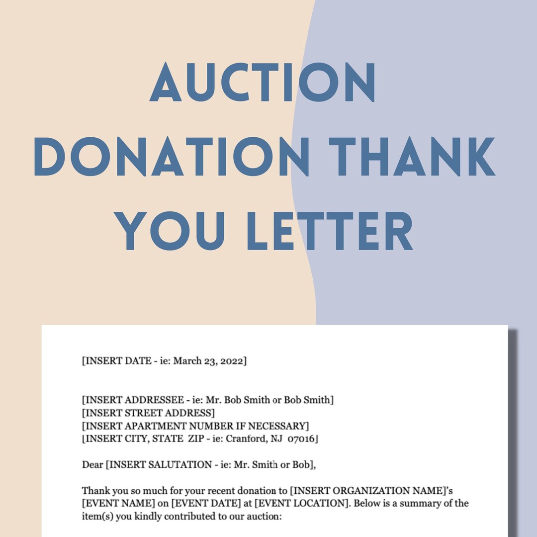 Auction Donation Thank You Letter Receipt Template With Fair - Etsy