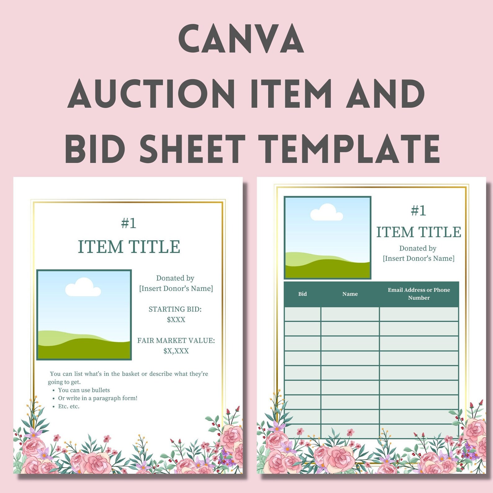 Silent Auction Bid Sheet Item Sheet Canva Template Auction - Etsy