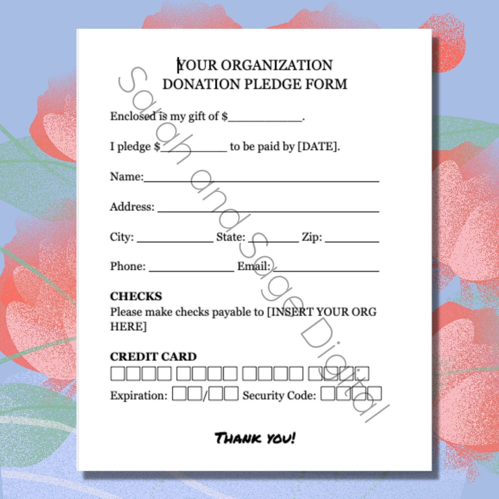 Donation Pledge Form Editable, Printable Donation Flyer, School ...