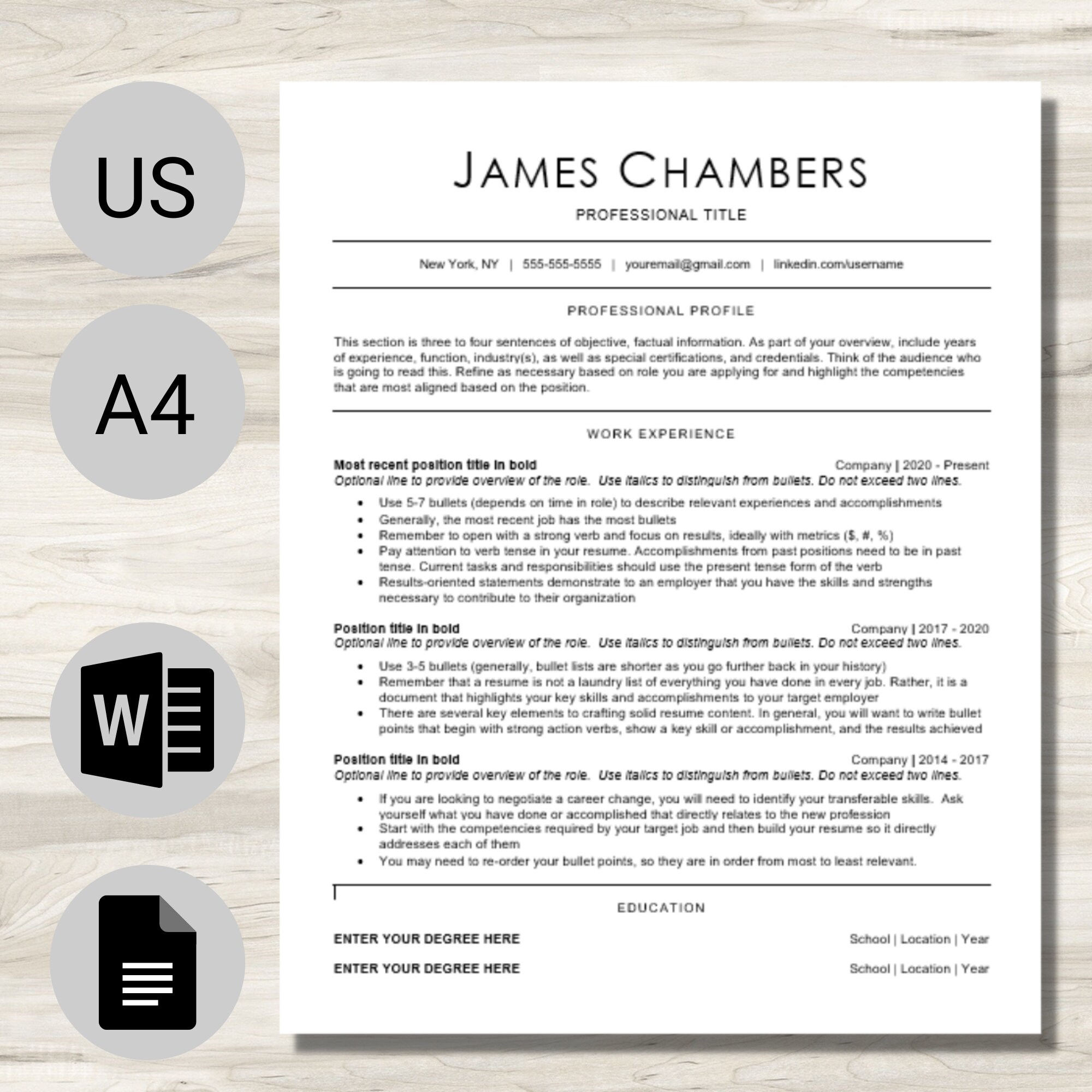 Clean Center ATS Resume Template for Word | Google Docs | Professional ...