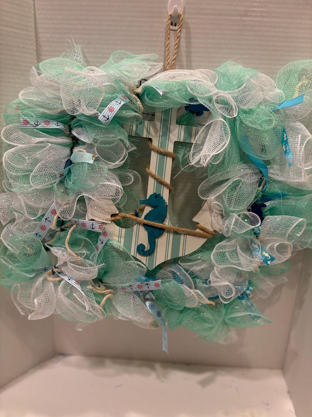 Foam Green and White Coastal and Anchor Mesh Square Wreath - Etsy