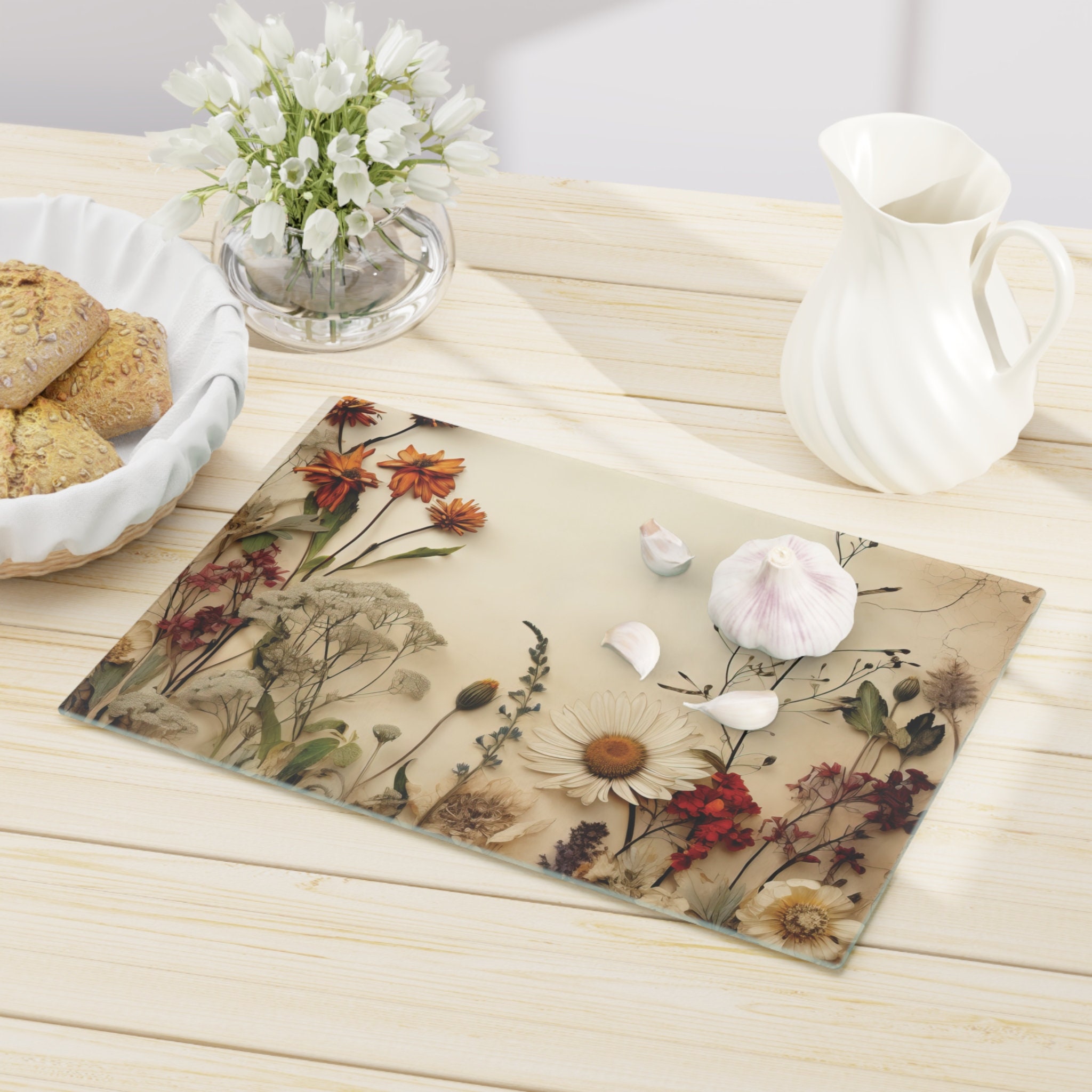 Pressed Flower Style Tempered Glass Cutting Board, Wildflower Cutting ...