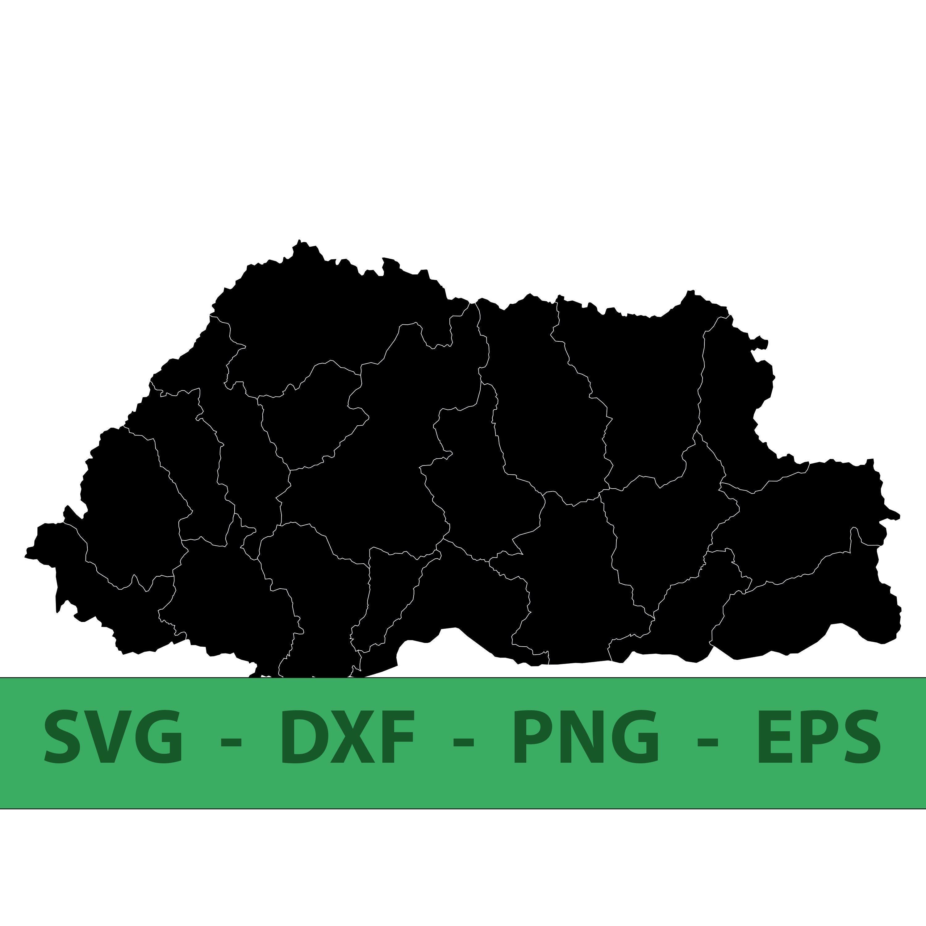 Bhutan Map With Regions, Laser Cut File, Cnc, SVG, DXF, EPS, Png, Pdf ...