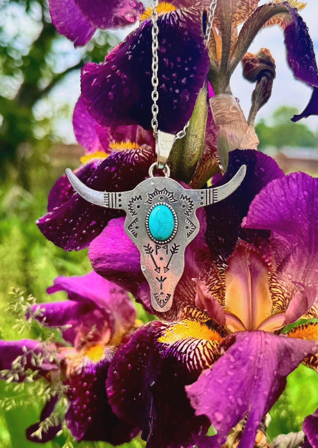 Longhorn Turquoise Pendant Necklace: Silver Bull, Hammered Chain - Etsy