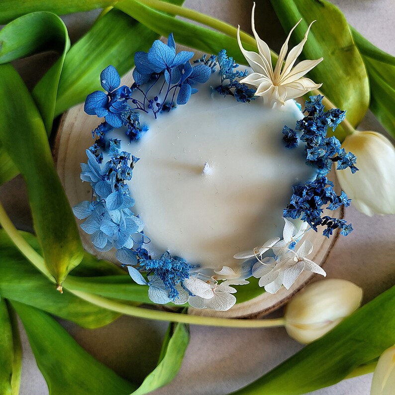 Blue Botanical Candles With Pressed Dried Flowers, Housewarming Gift ...