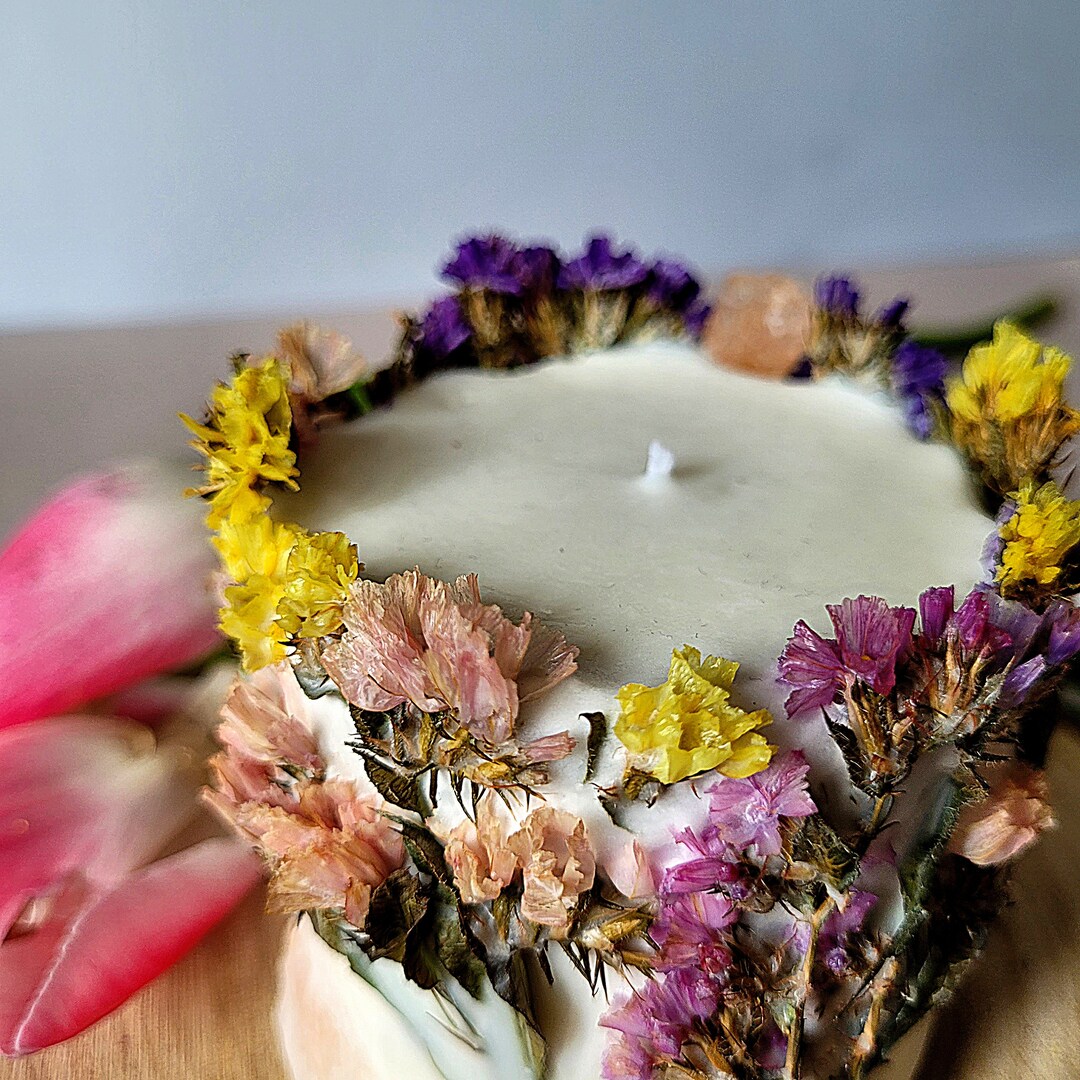 Botanical Dried Flower Candle With Crystal, Meditation Candle, Birthday ...