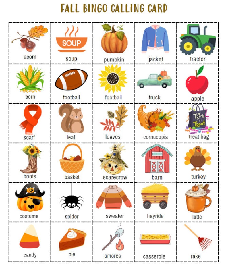Fall Bingo Cards, Fall Fun Game, Fall Activities - Etsy