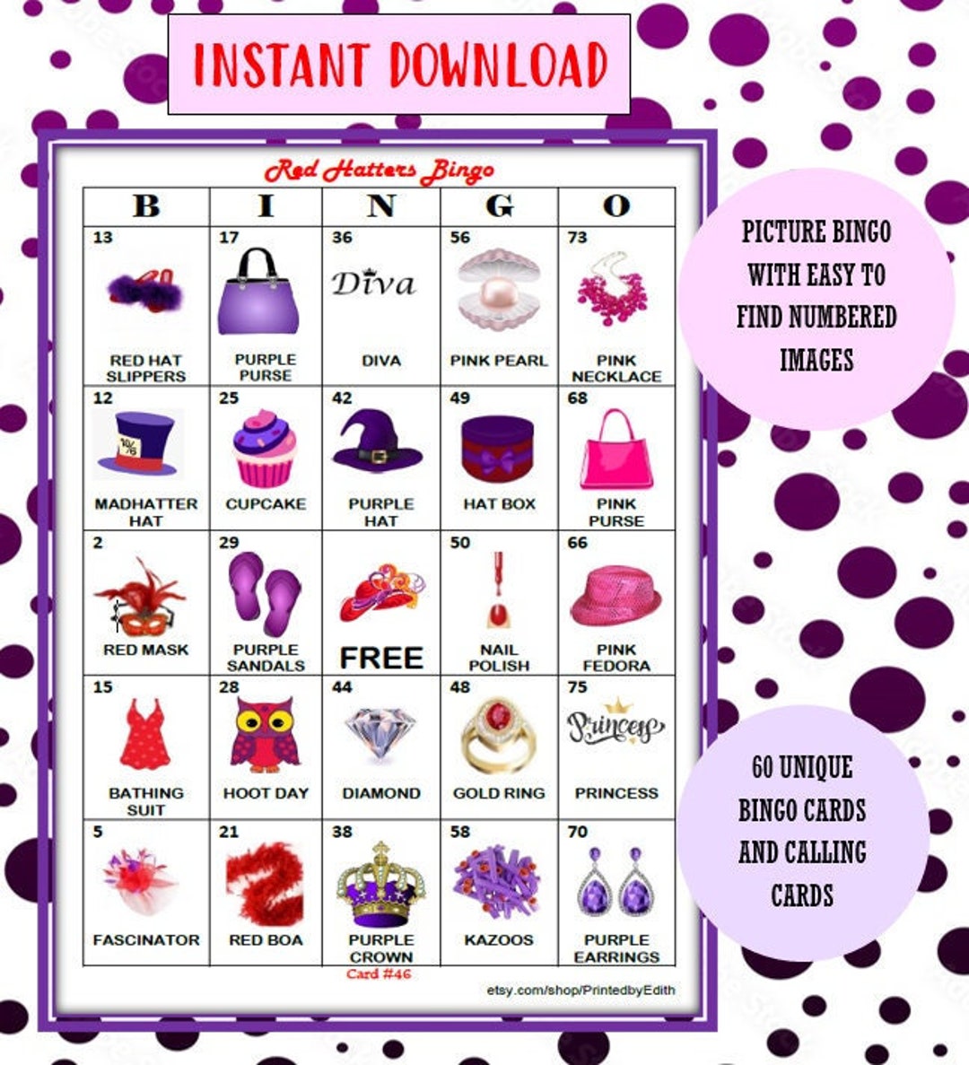Red Hatters Bingo Cards - 60 Cards - Etsy