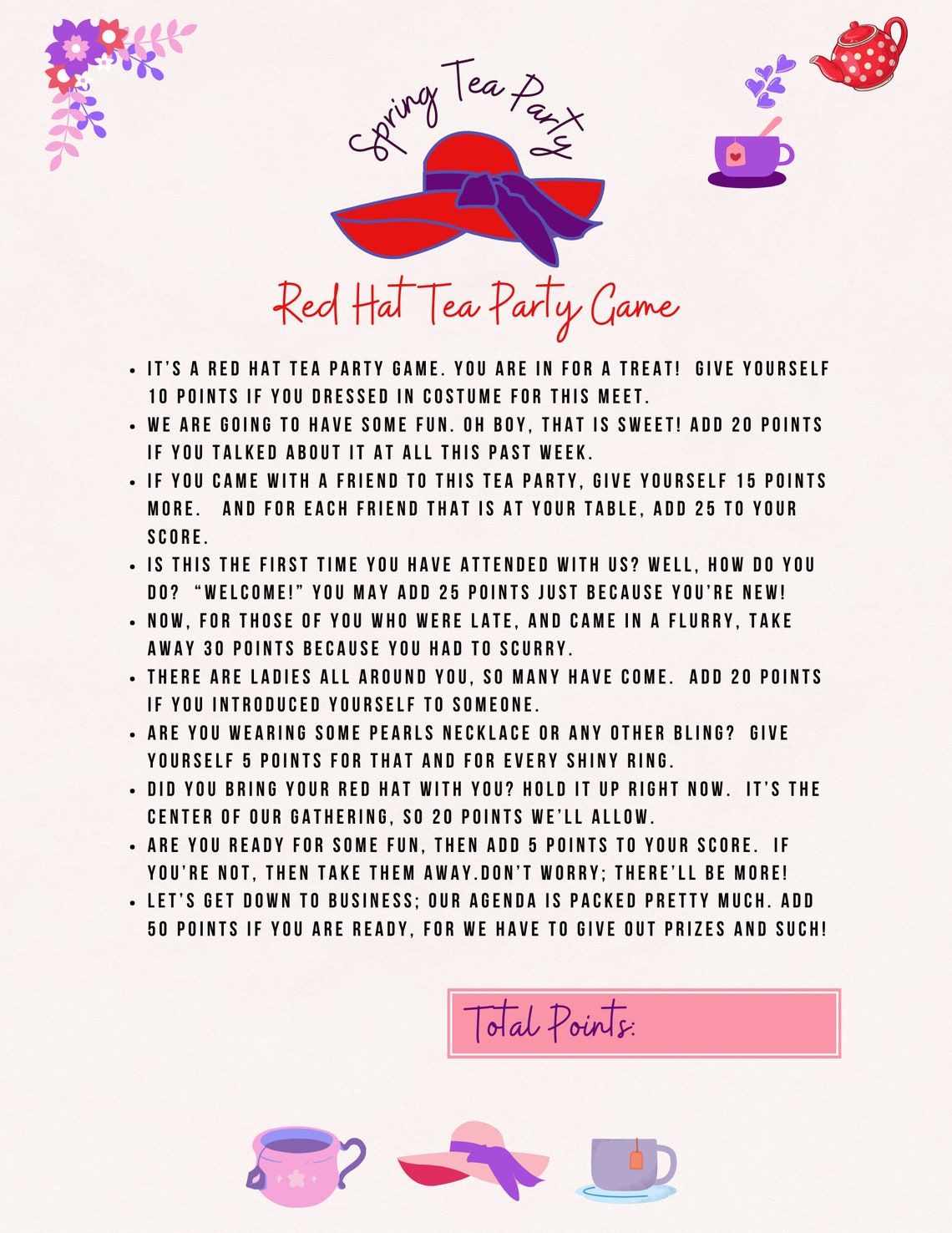 Red Hat Tea Party Game Package 2 - INSTANT DOWNLOAD - Etsy