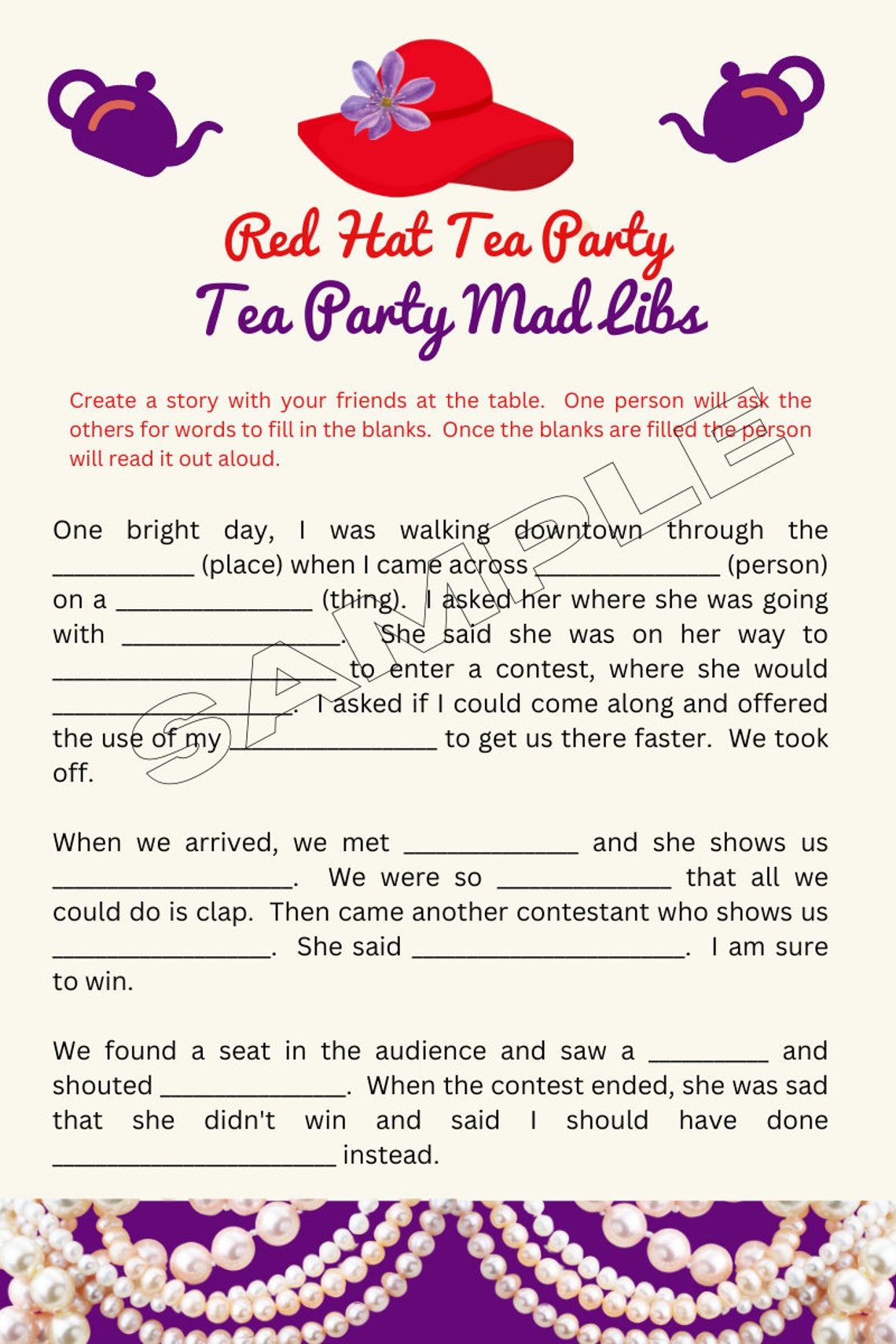 Red Hat Tea Party Game Package - Etsy