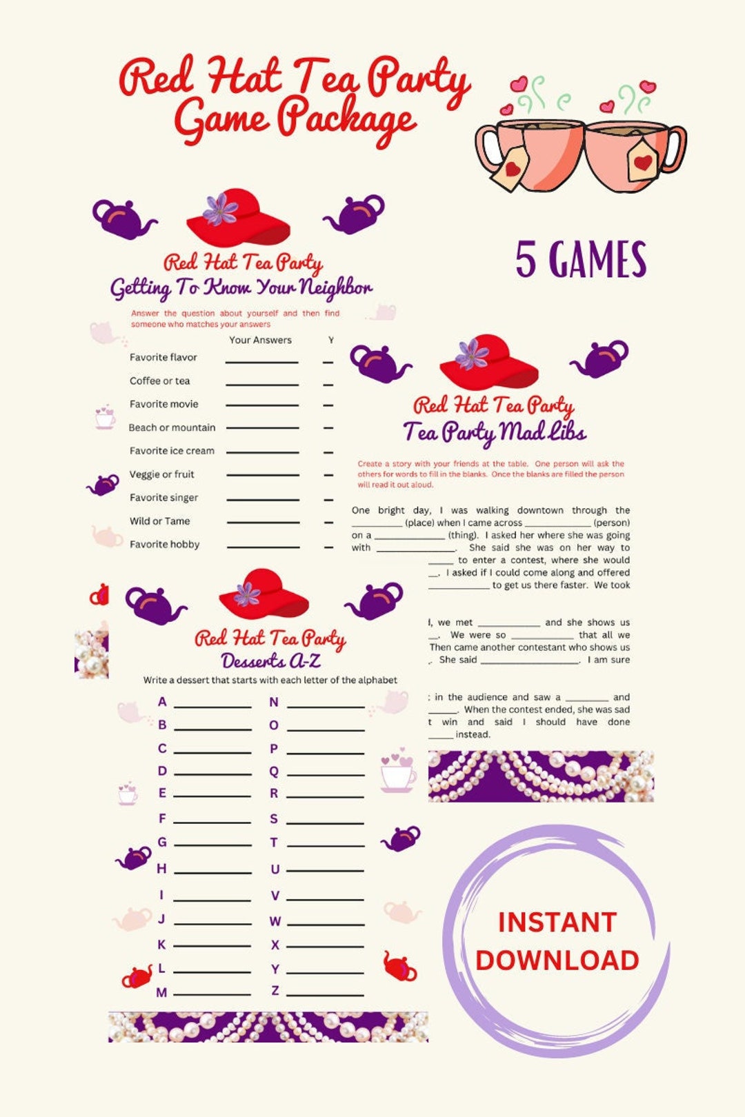 Red Hat Tea Party Game Package - Etsy