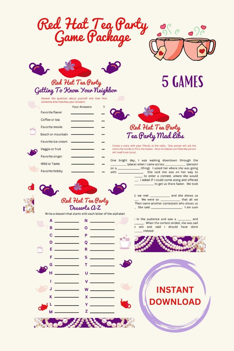 Red Hat Tea Party Game Package - Etsy