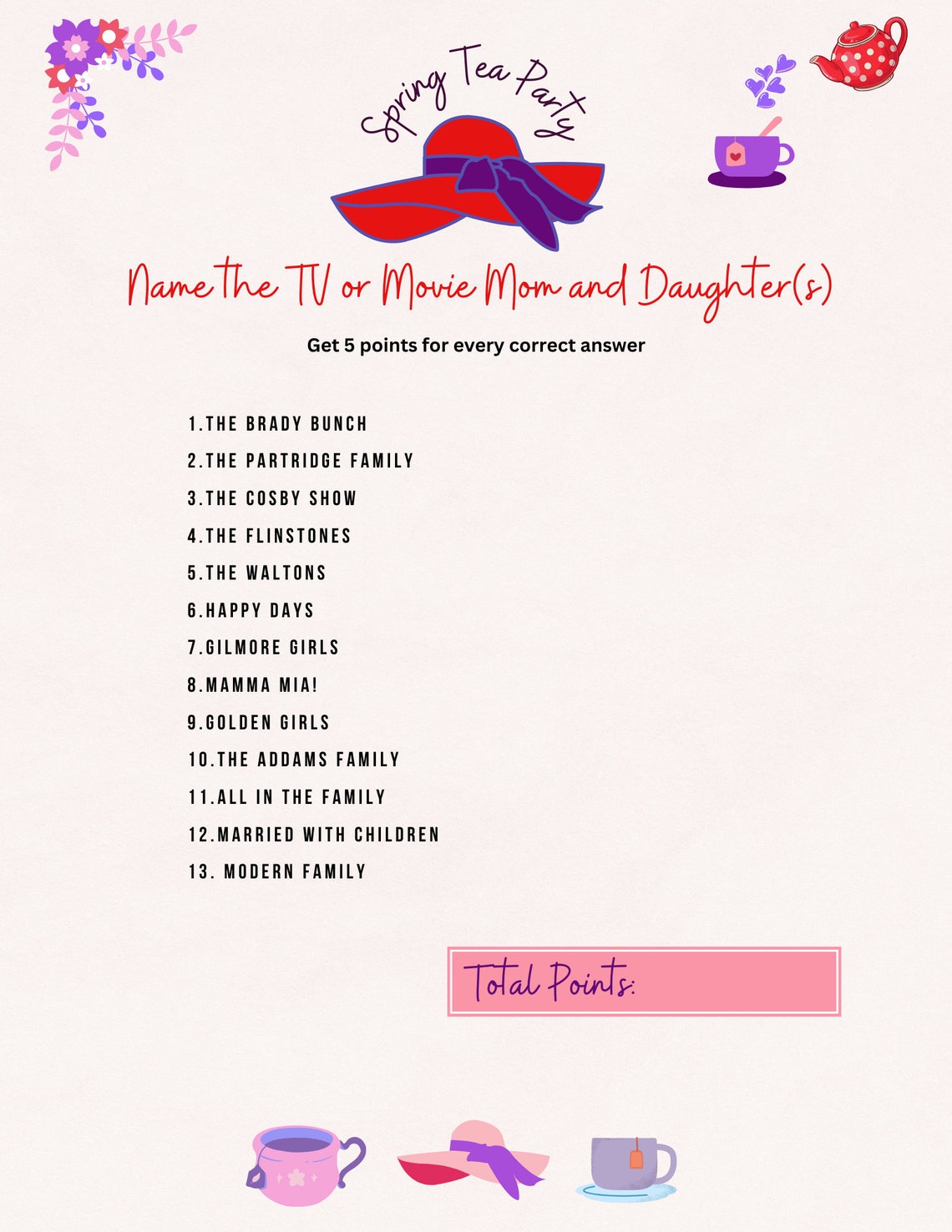 Red Hat Tea Party Game Package 2 - INSTANT DOWNLOAD - Etsy