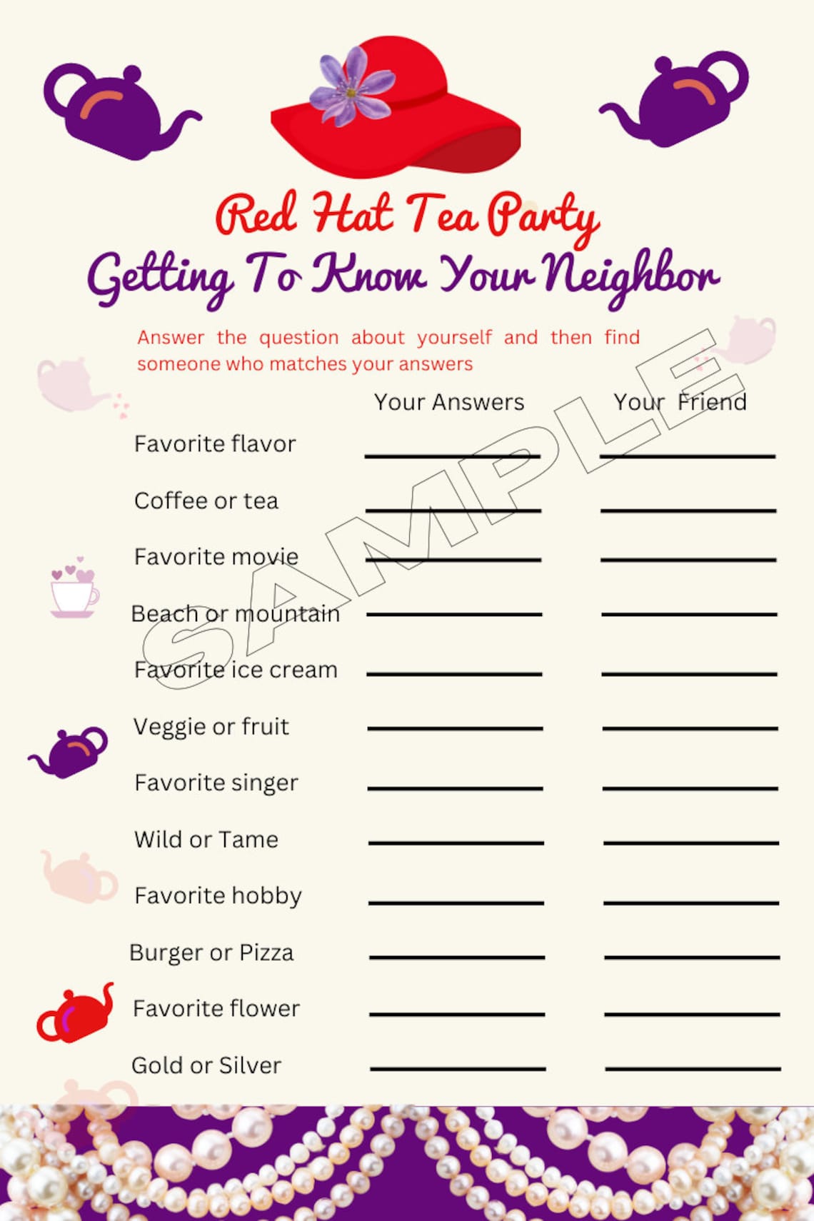 Red Hat Tea Party Game Package - Etsy