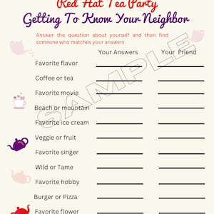 Red Hat Tea Party Game Package - Etsy