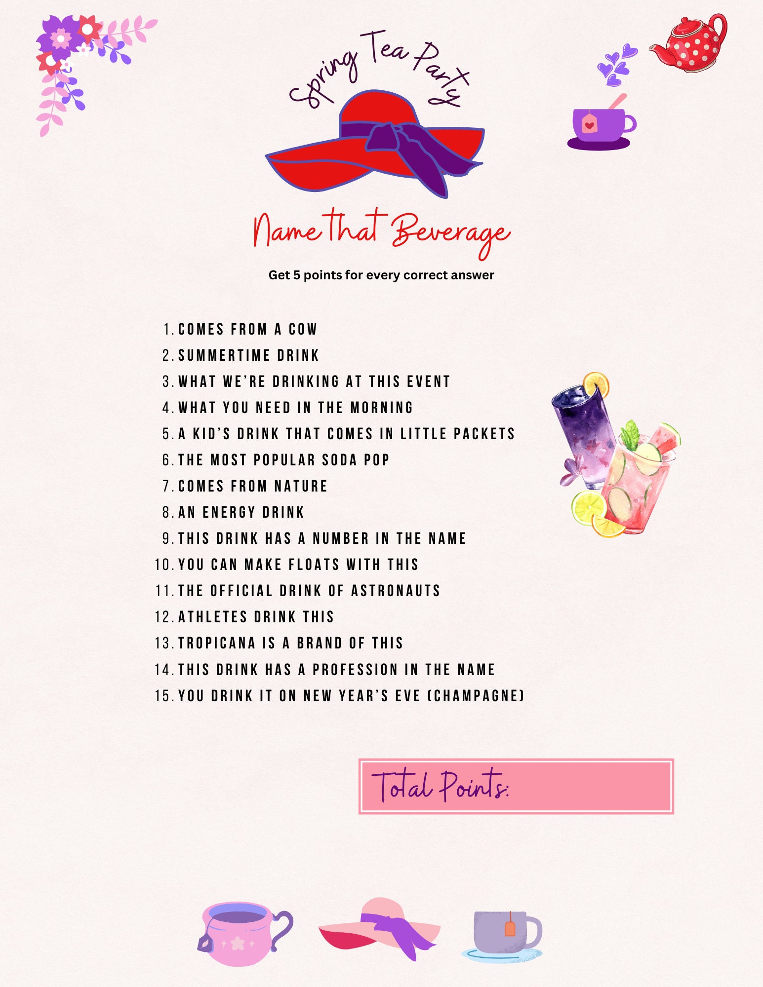 Red Hat Tea Party Game Package 2 - INSTANT DOWNLOAD - Etsy