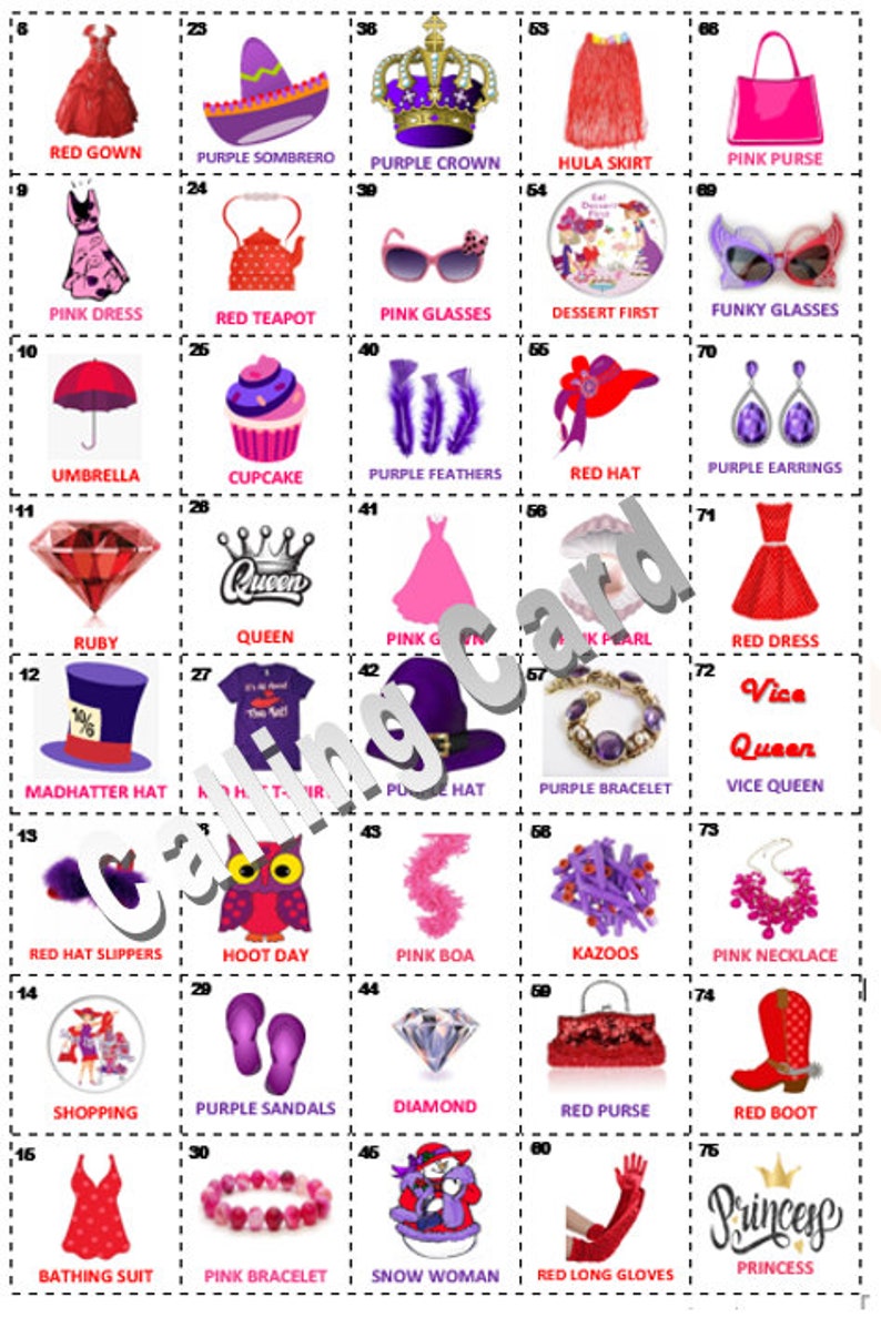 Red Hatters Bingo Cards - 40 Cards - Instant Digital Print - Etsy