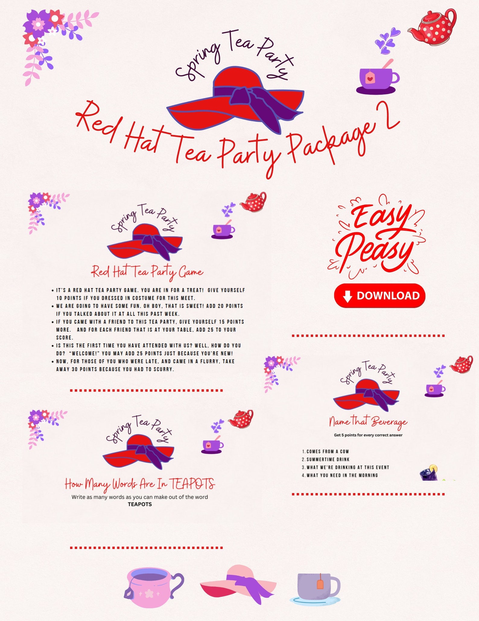 Red Hat Tea Party Game Package 2 - INSTANT DOWNLOAD - Etsy