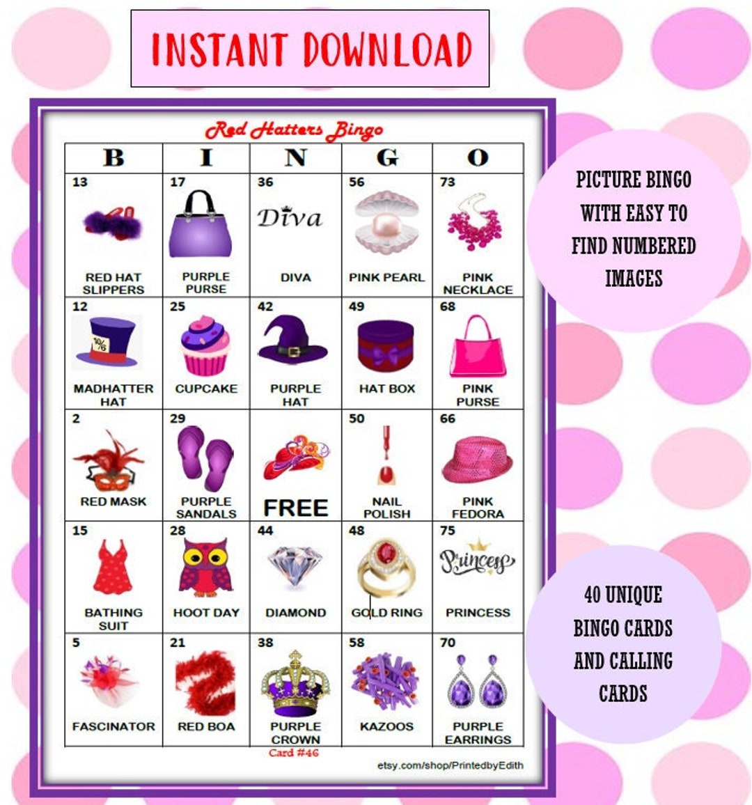 Red Hatters Bingo Cards - 40 Cards - Instant Digital Print - Etsy