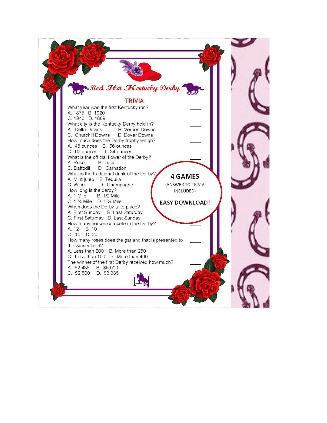 Red Hat Kentucky Derby Games Package - Etsy