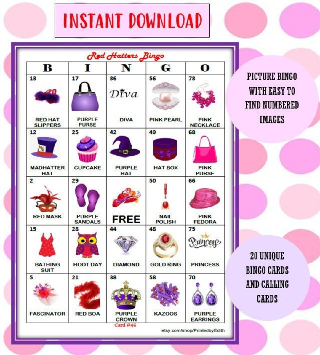 Red Hatters Bingo Cards - Instant Digital Print - Etsy