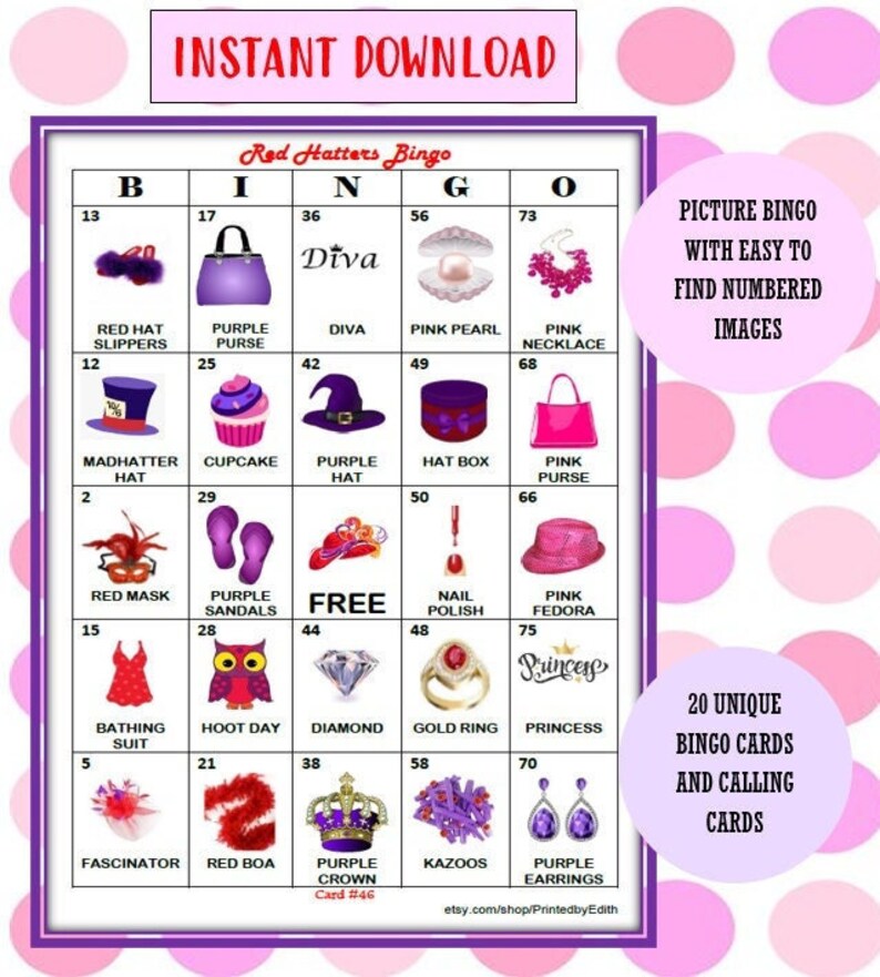 Red Hatters Bingo Cards - Instant Digital Print - Etsy UK
