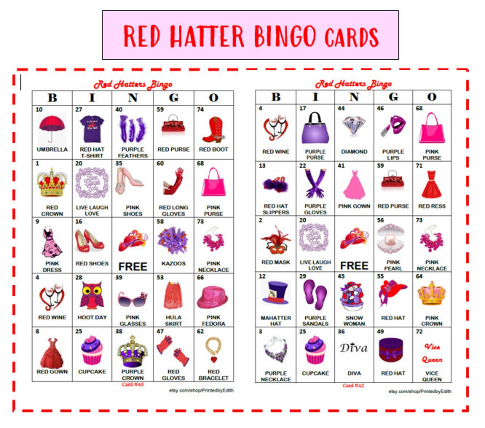Red Hatters Bingo Cards - 60 Cards - Etsy