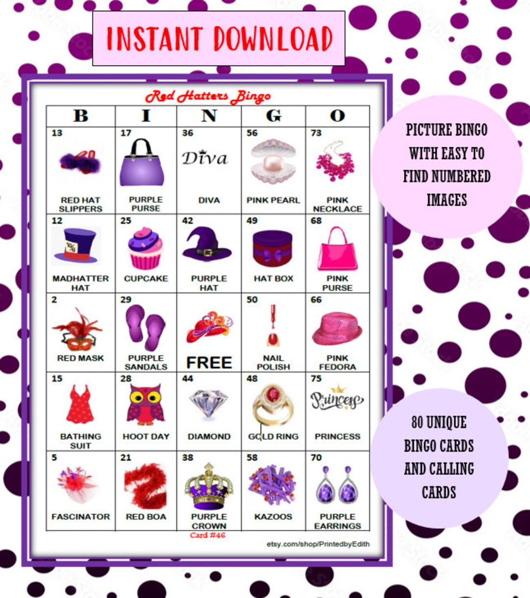 Red Hatters Bingo Cards - 80 Cards - Instant Download - Etsy