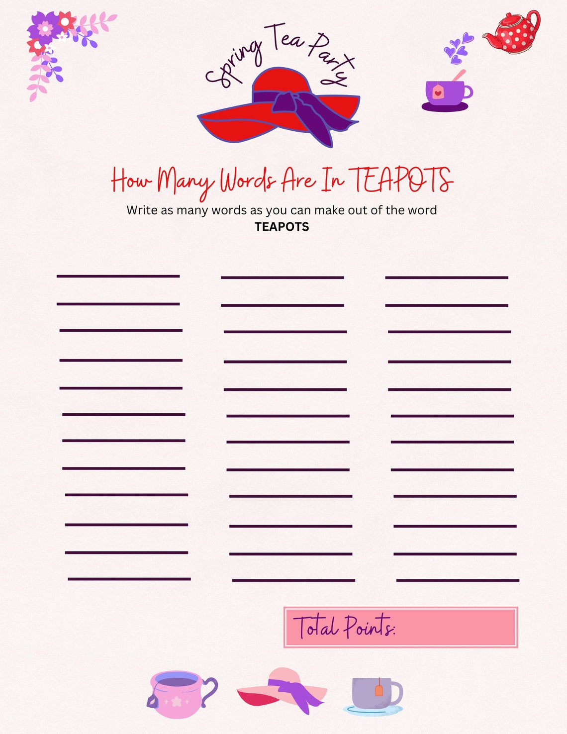 Red Hat Tea Party Game Package 2 - INSTANT DOWNLOAD - Etsy