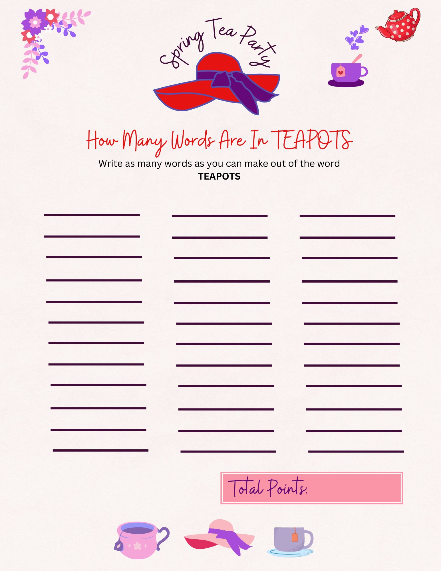 Red Hat Tea Party Game Package 2 - INSTANT DOWNLOAD - Etsy