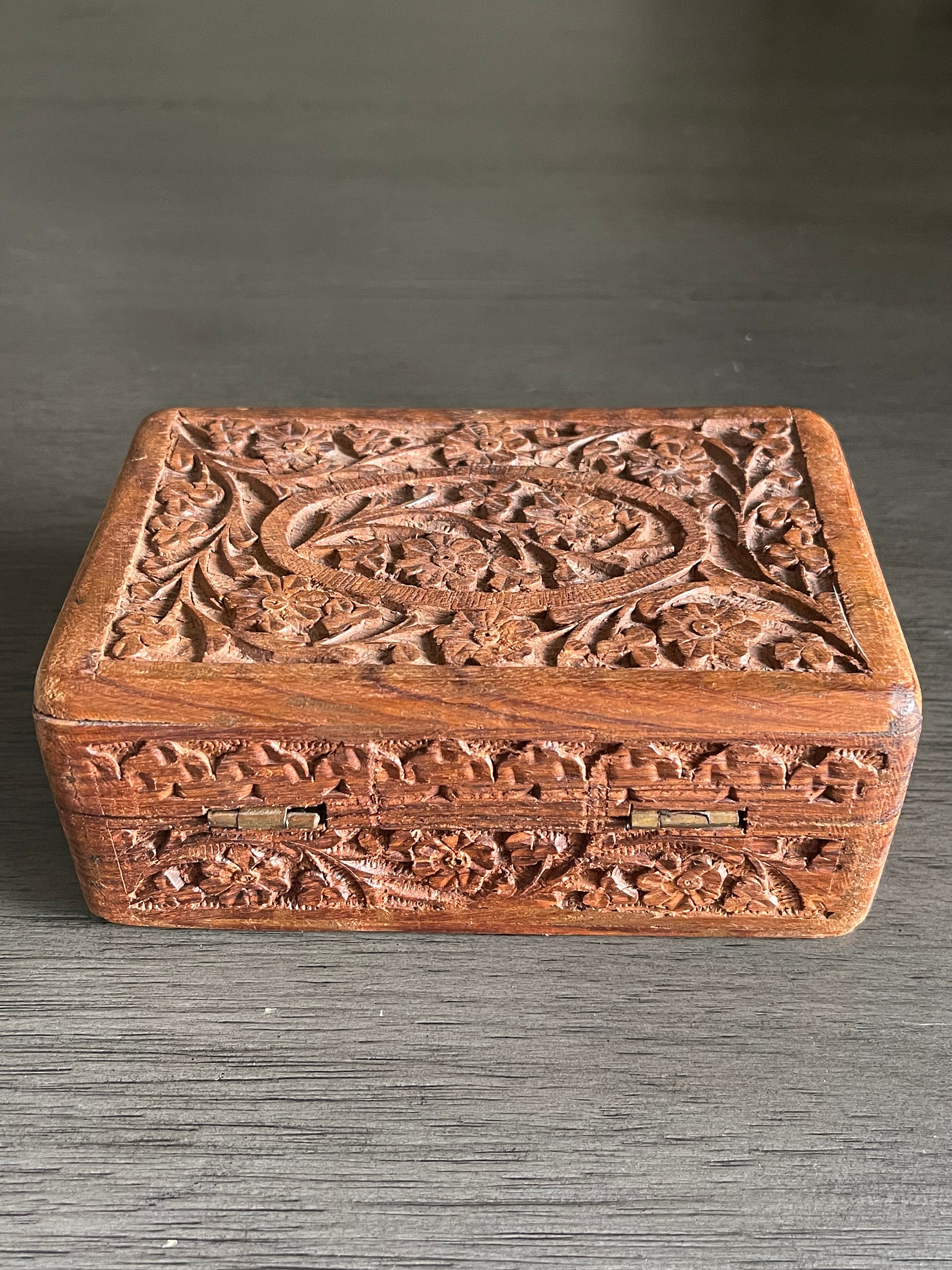 Hand Carved Wooden Box With Hinged Lid - Etsy