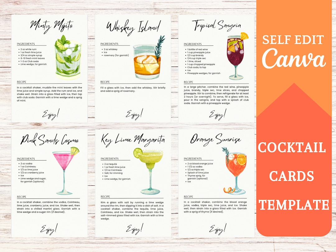 DIY Cocktail Recipe Card Canva Template | Printable Drink Cards ...