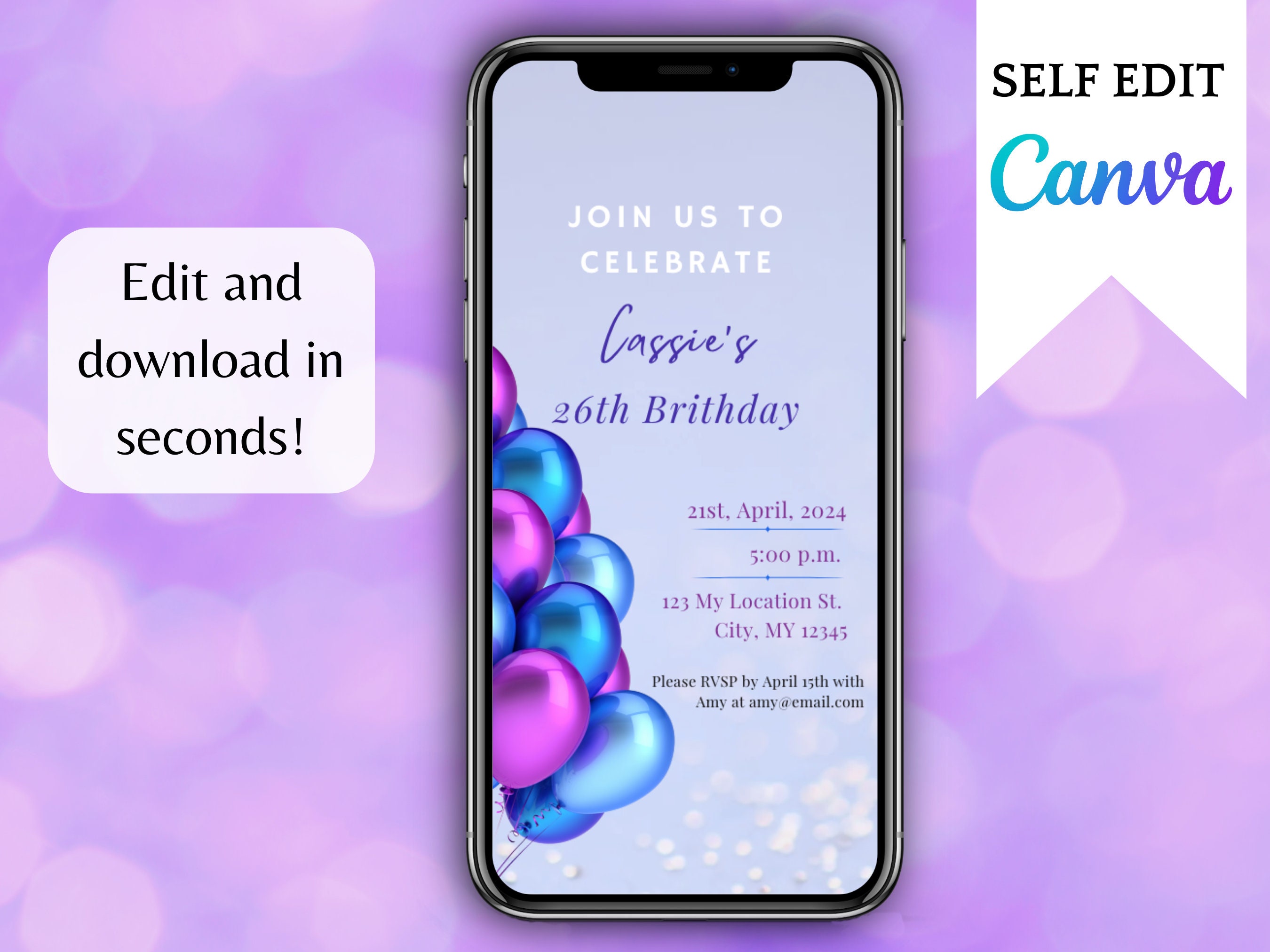 Digital Birthday Party Invitation With Balloons | Canva Template ...