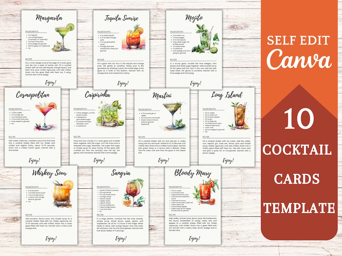 10 Cocktail Recipe Cards | Canva Template | Printable Drink Cards ...
