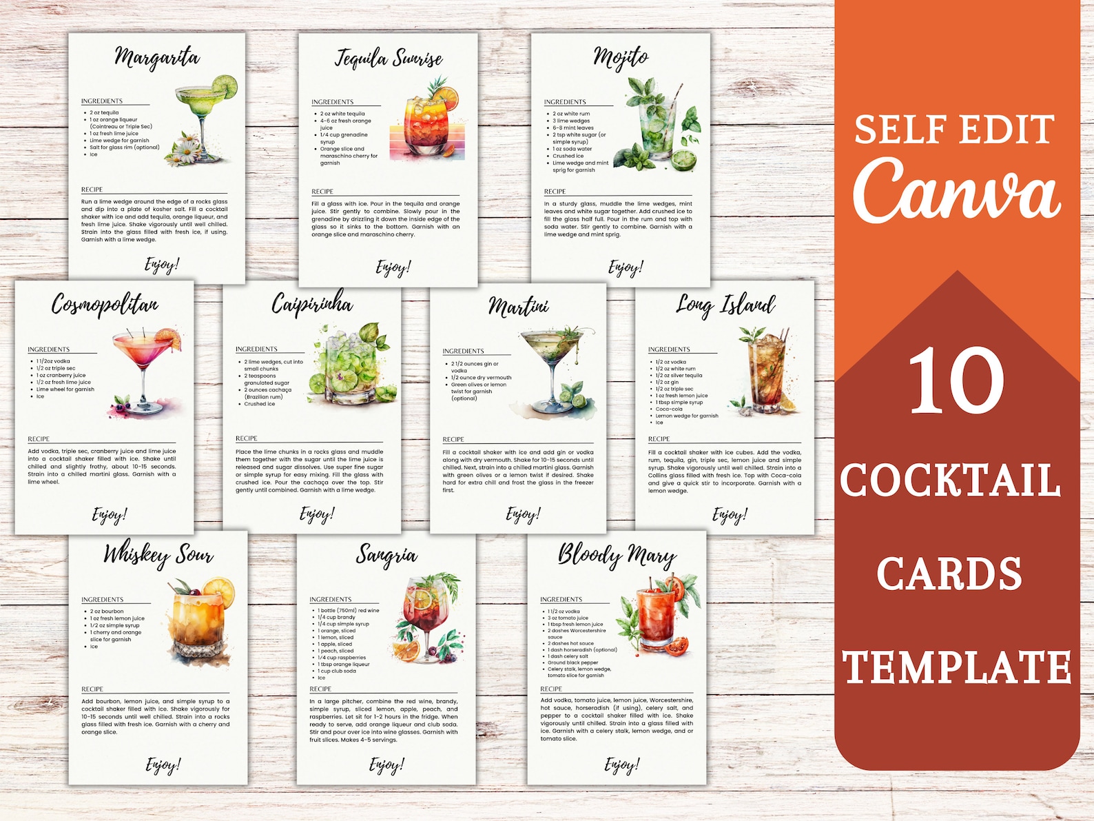 10 Cocktail Recipe Cards | Canva Template | Printable Drink Cards ...