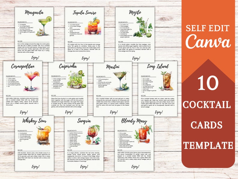 10 Cocktail Recipe Cards | Canva Template | Printable Drink Cards ...