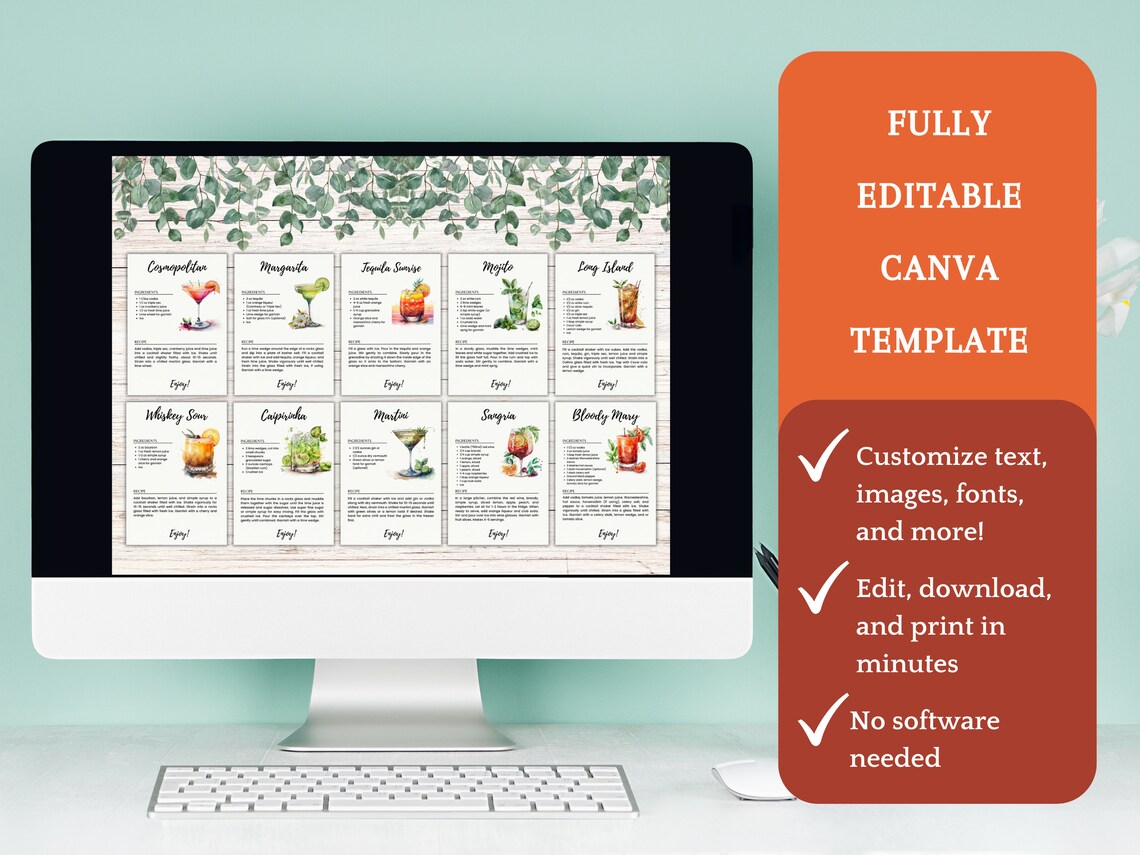 10 Cocktail Recipe Cards | Canva Template | Printable Drink Cards ...