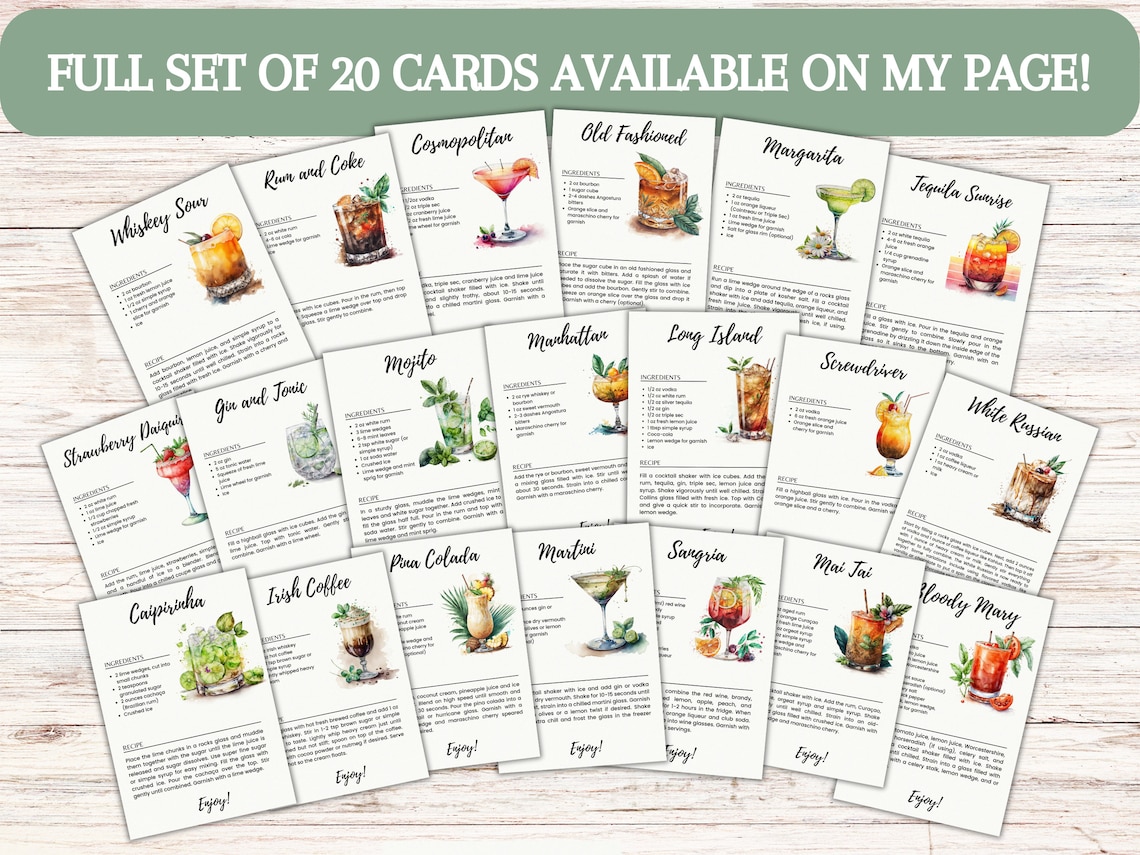 10 Cocktail Recipe Cards | Canva Template | Printable Drink Cards ...