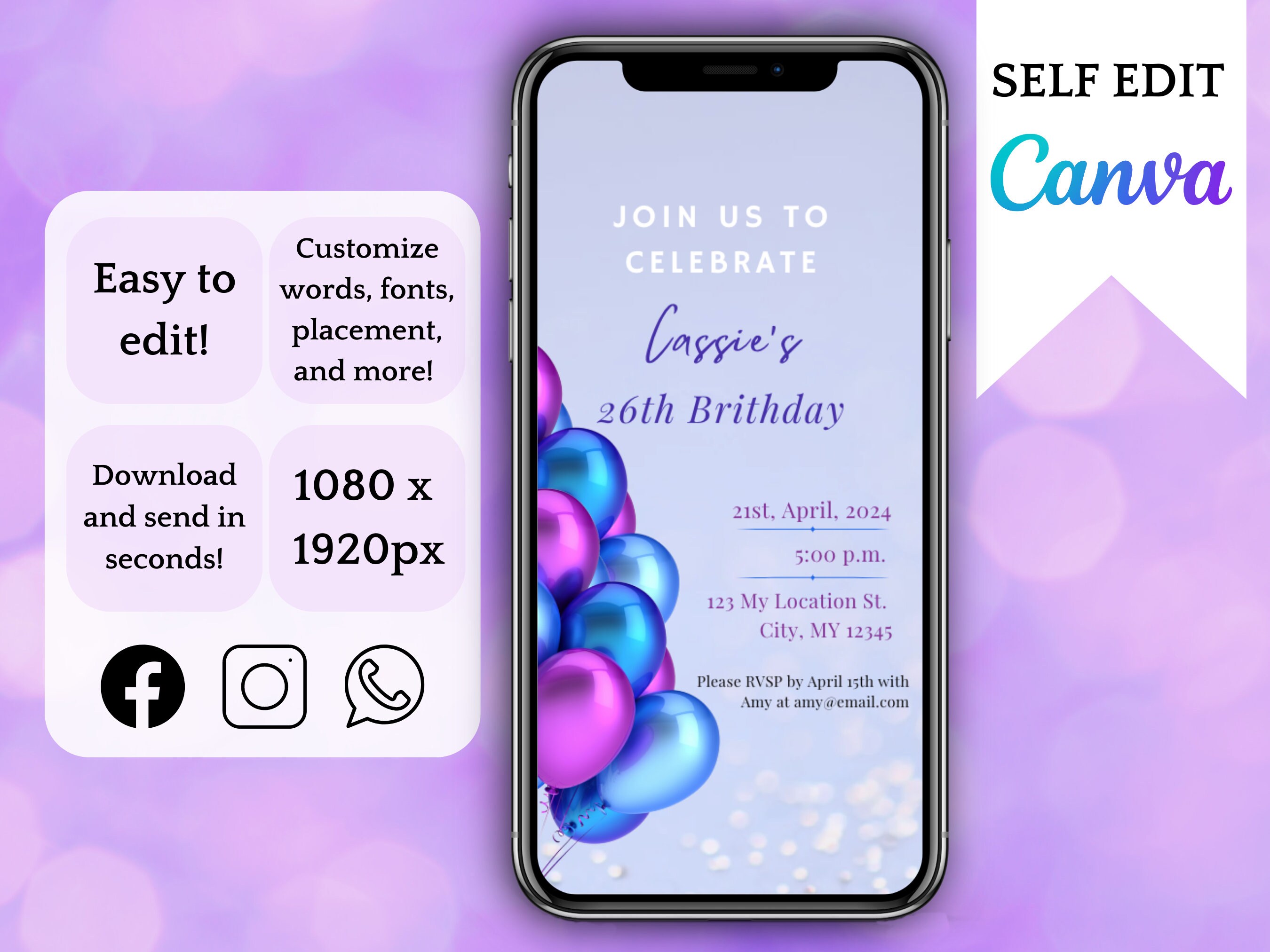 Digital Birthday Party Invitation With Balloons | Canva Template ...