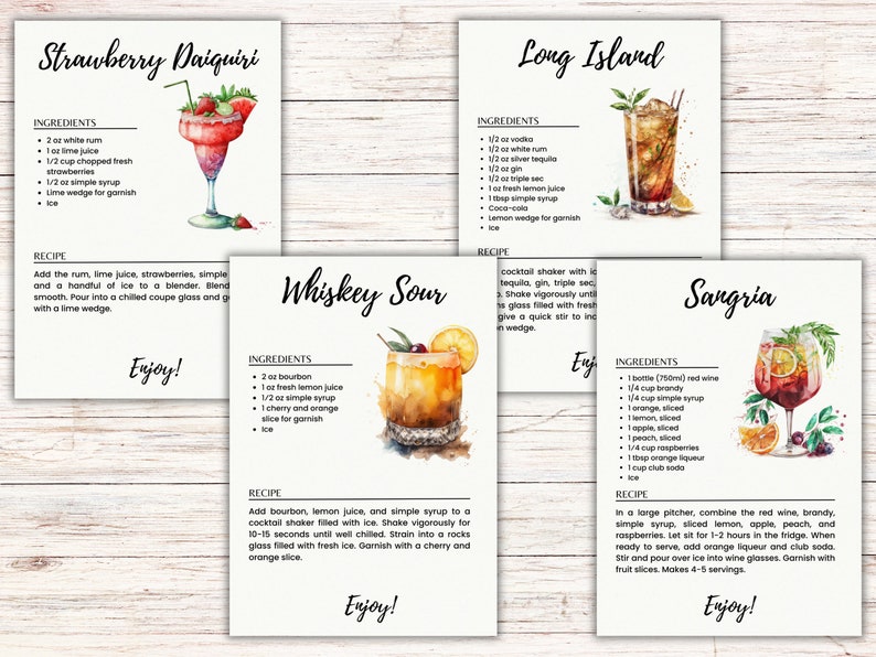 10 Cocktail Recipe Cards | Canva Template | Printable Drink Cards | Editable Online Digital ...
