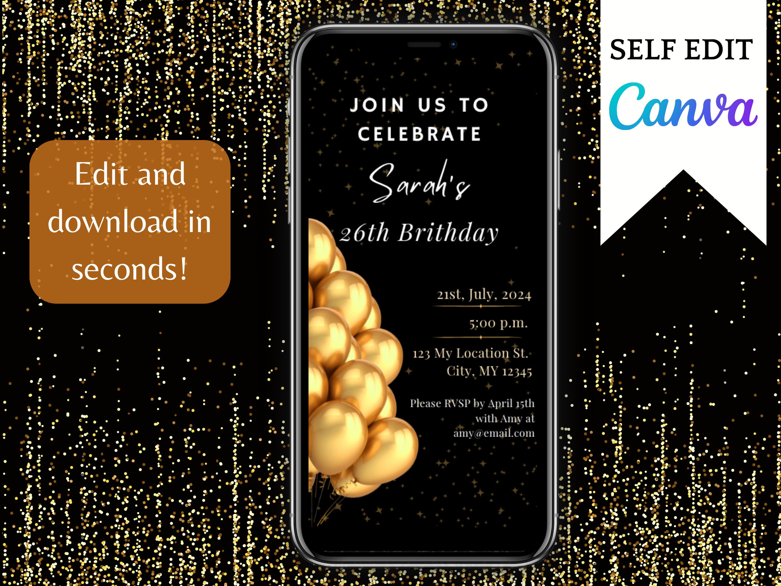 Digital Birthday Party Invitation With Gold Balloons | Canva Template ...