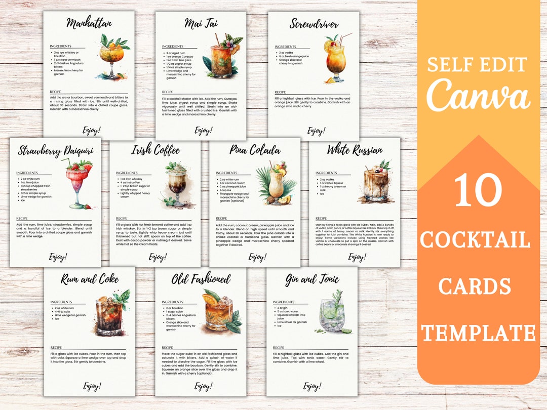 10 Cocktail Recipe Cards | Canva Template | Printable Drink Cards ...