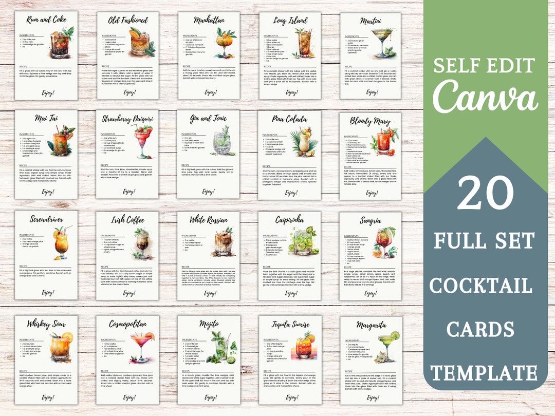 20 FULL SET Cocktail Recipe Cards | Canva Template | Printable Drink ...