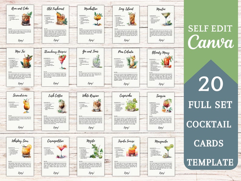20 FULL SET Cocktail Recipe Cards | Canva Template | Printable Drink ...