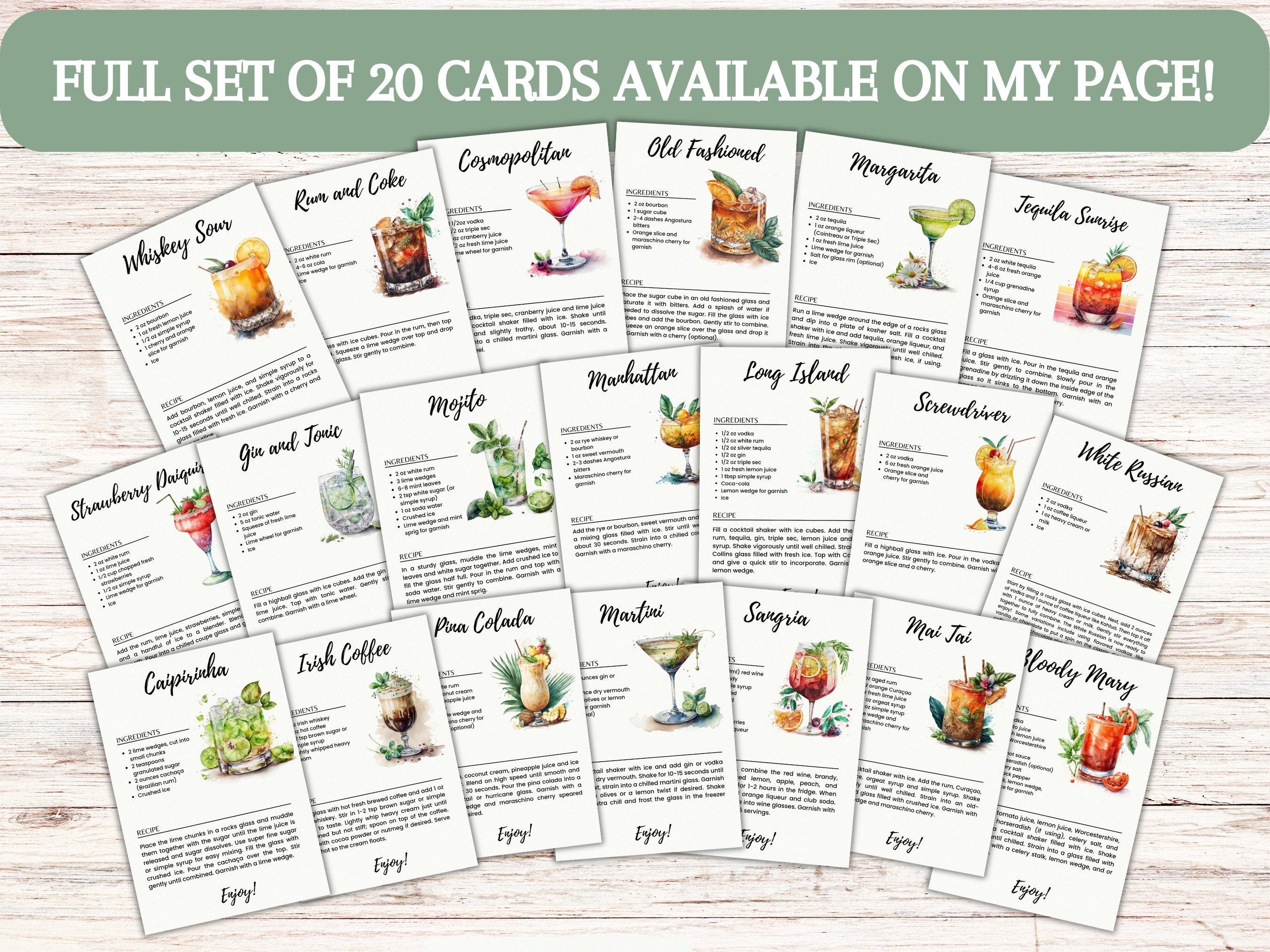 10 Cocktail Recipe Cards | Canva Template | Printable Drink Cards ...