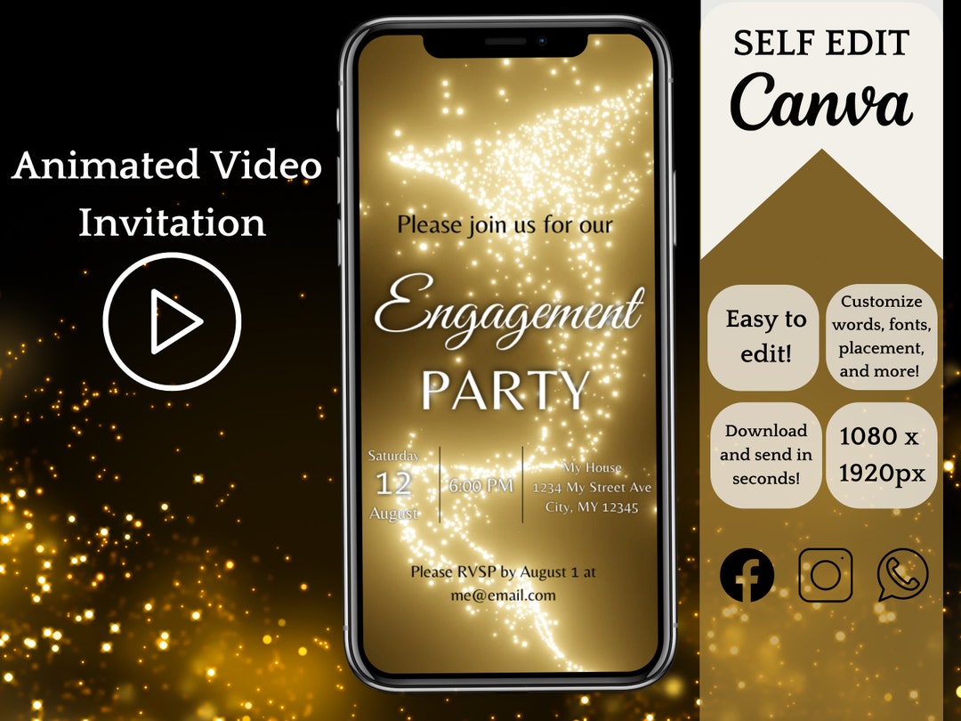 DIY Gold Sparkle Engagement Party Video Invitation Template | Digital ...