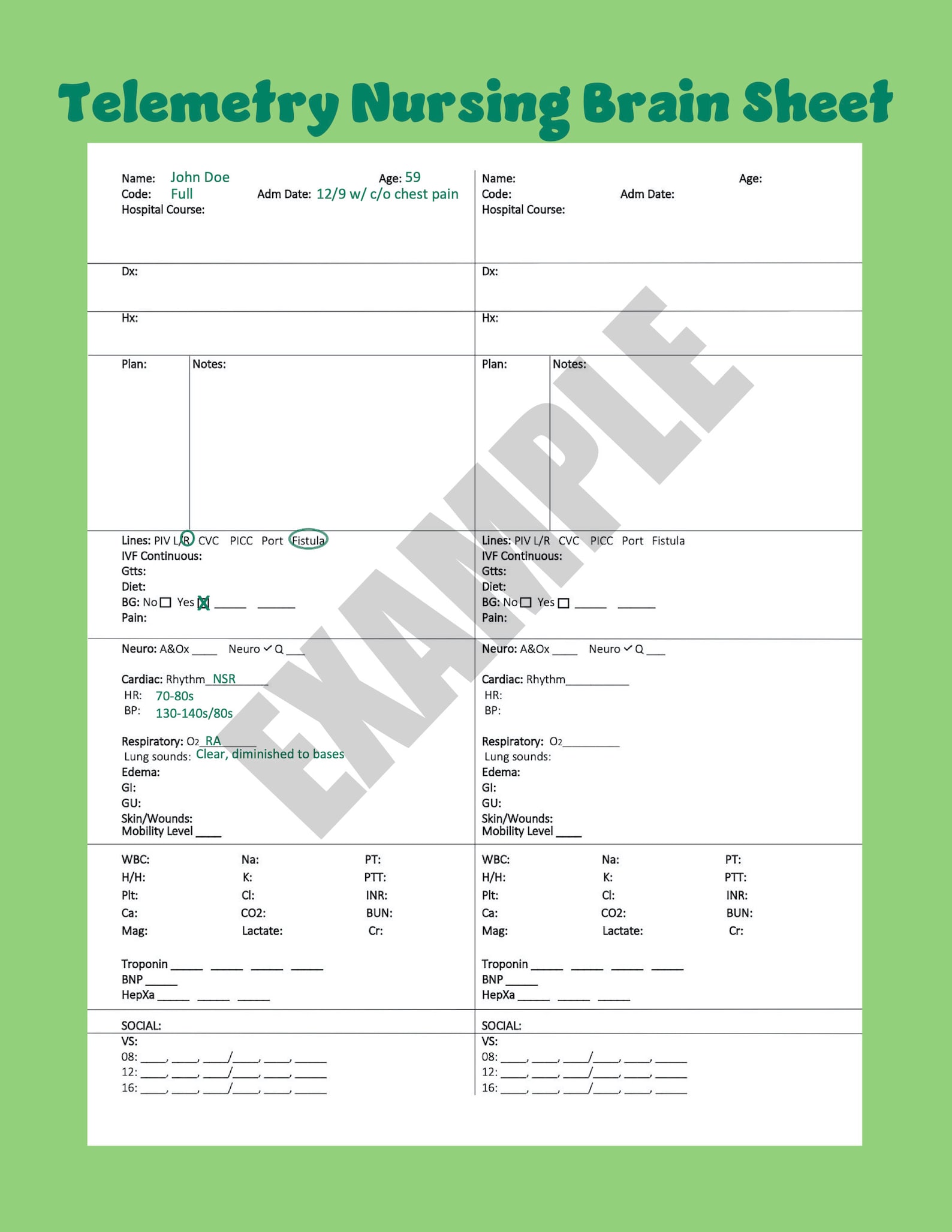 Telemetry Nursing Brain/report Sheet - Printable PDF - Etsy