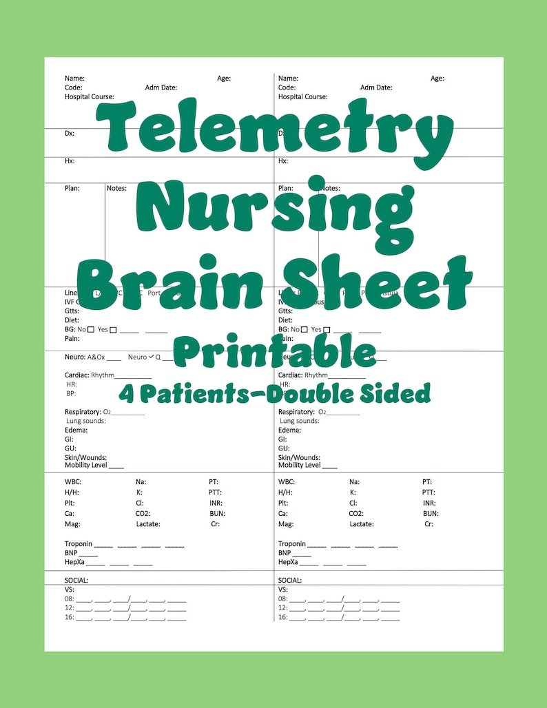Telemetry Nursing Brain/report Sheet - Printable PDF - Etsy