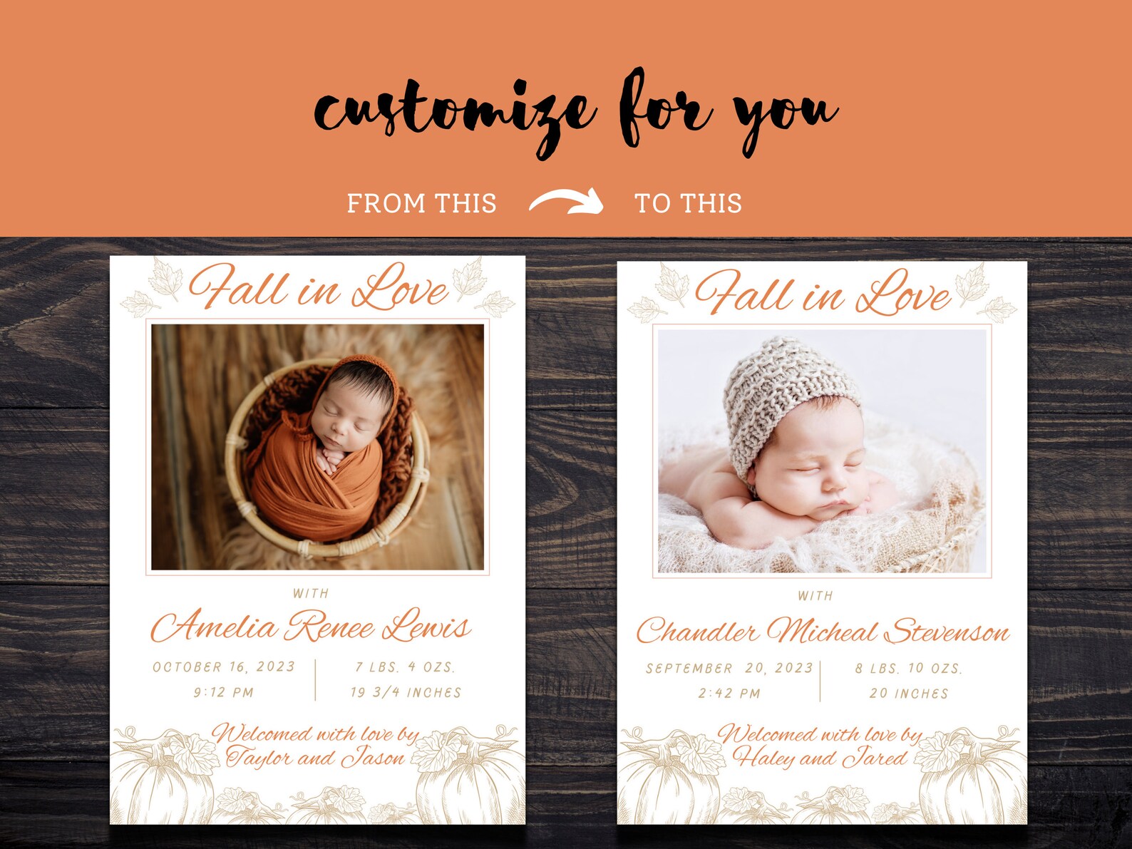 Fall Birth Announcement Cardpumpkin Birth Announcement Cardgender ...