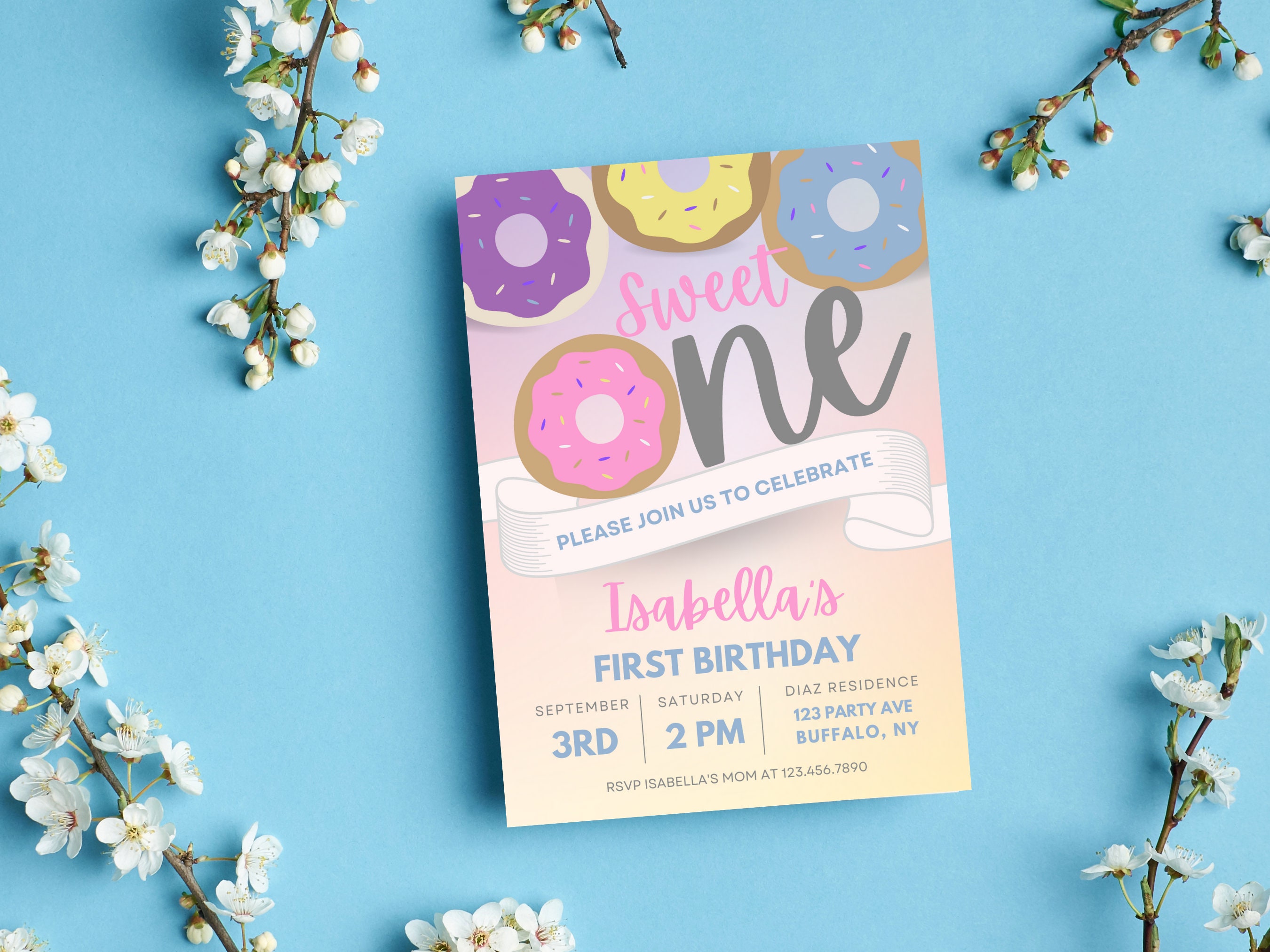 Donut 1st Birthday Invitationfirst Birthday Invitation Girlsweet One ...